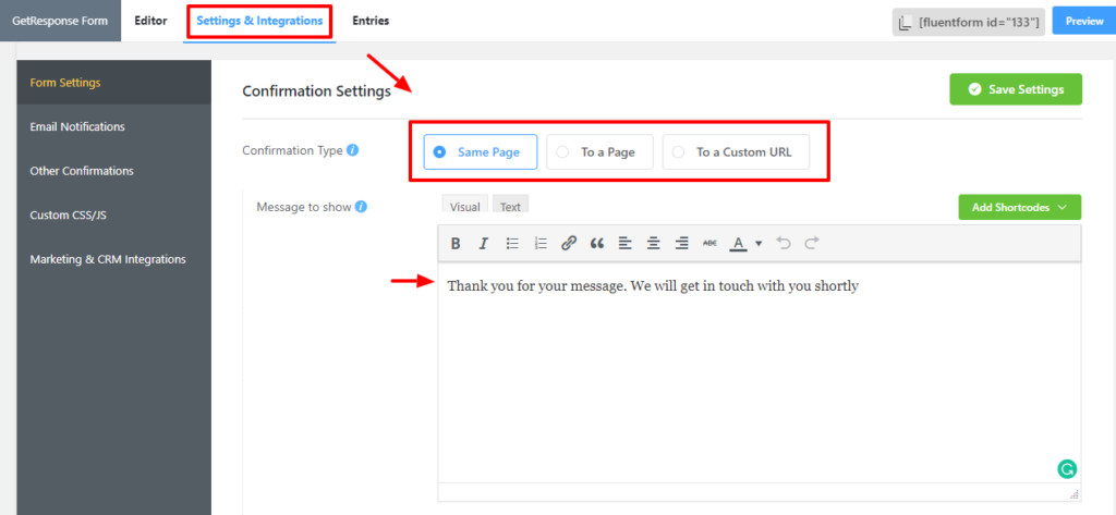 Set up Form Submission Confirmation Message in WP Fluent Form