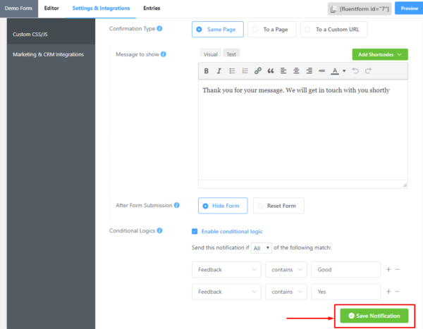 Conditional Confirmation Message in WP Fluent Form WordPress Plugin