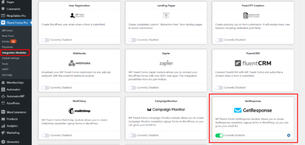 GetResponse integration with WP Fluent Form
