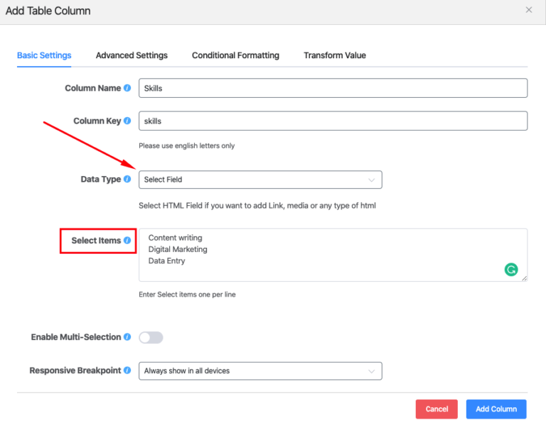 Configuring Data Types With Ninja Tables - WP Manage Ninja