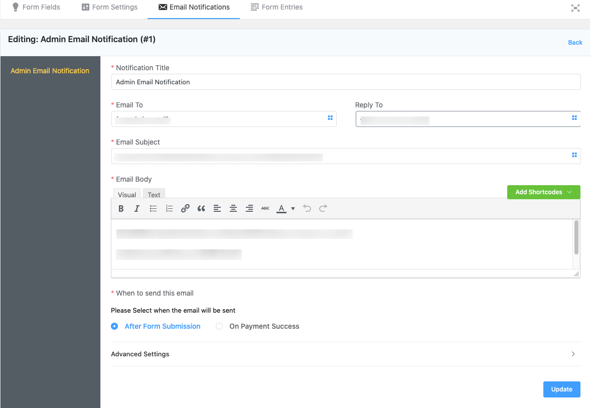 Setting up Admin Email Notifications - WP Manage Ninja