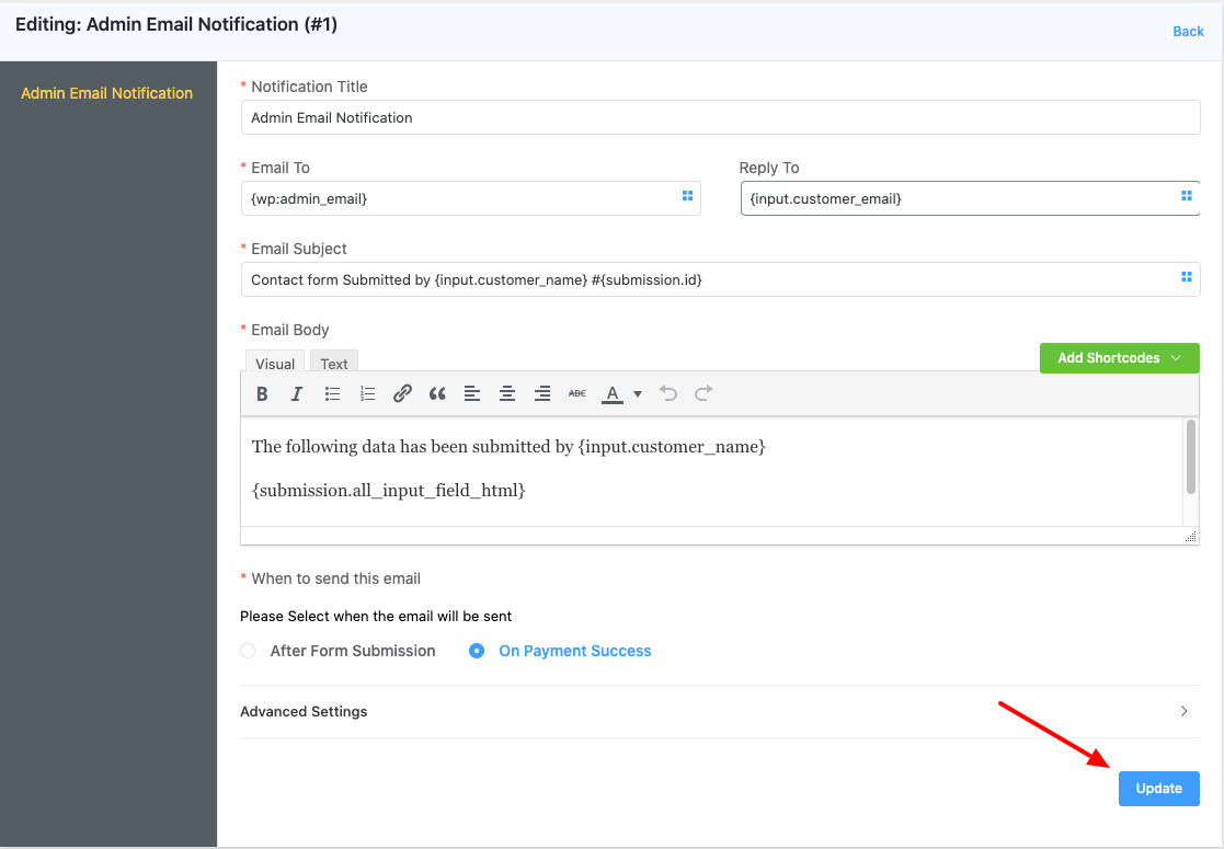 Setting up Admin Email Notifications - WP Manage Ninja