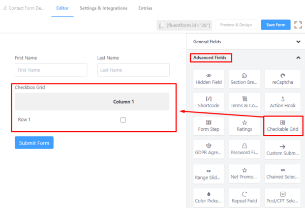 Checkable Grid Input Field in WP Fluent Form WordPress Plugin
