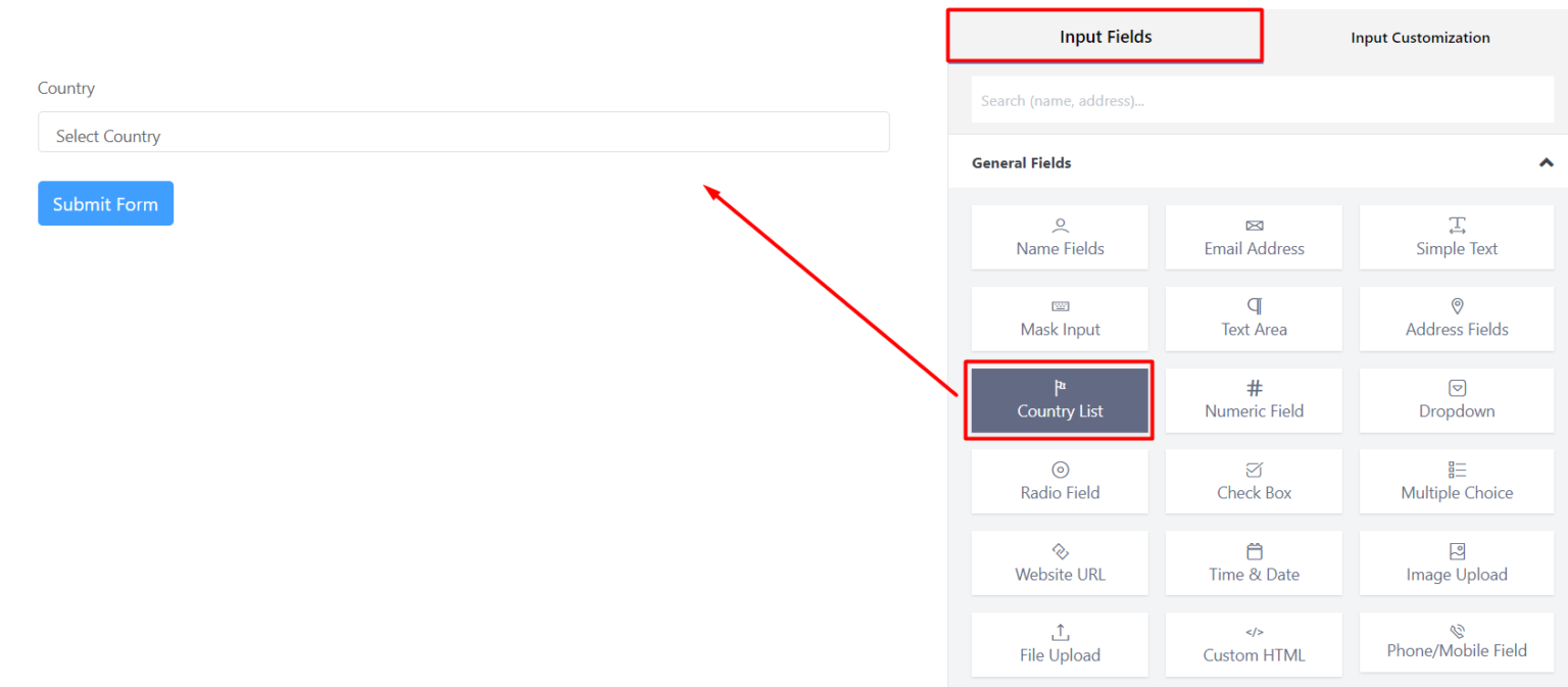 Country List Input Field In Wp Fluent Form Wordpress Plugin