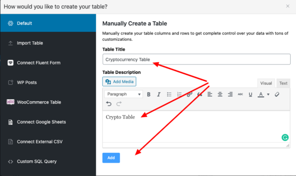 Create Cryptocurrency Table in WordPress using Ninja Tables