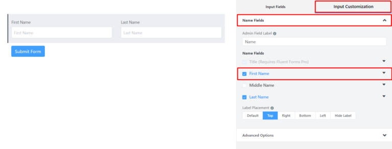 Name Input Field in WP Fluent Form WordPress Plugin
