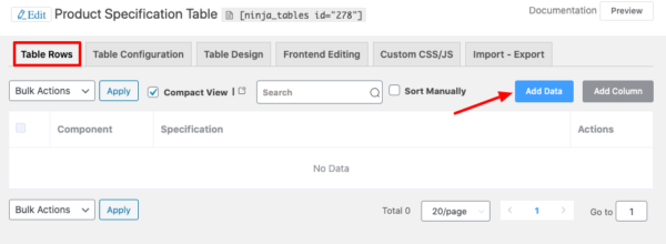 Create product Specification Table in WordPress using Ninja Tables