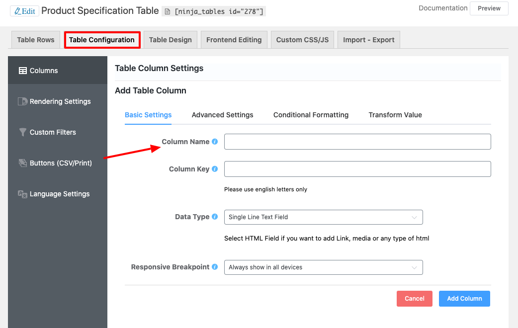 Create product Specification Table in WordPress using Ninja Tables