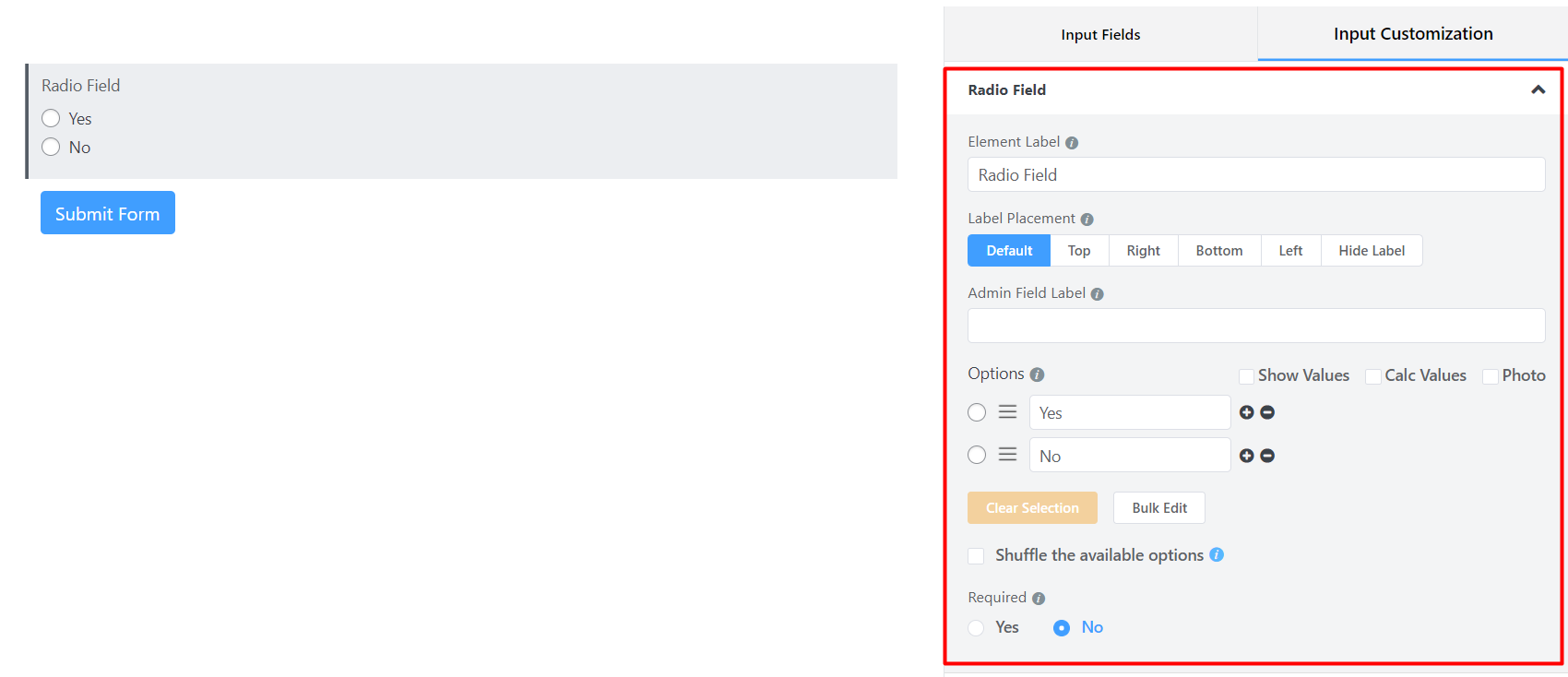 Radio Button in WP Fluent Form WordPress Plugin