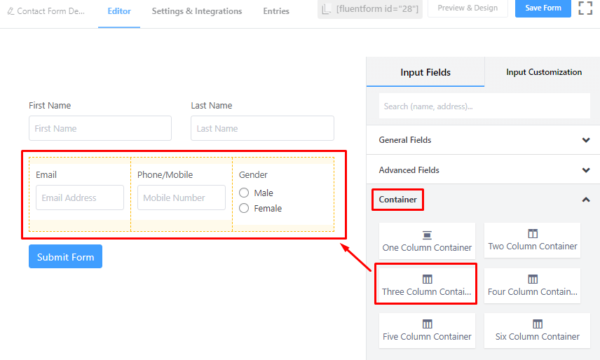 Multiple Column Containers in WP Fluent Form WordPress Plugin