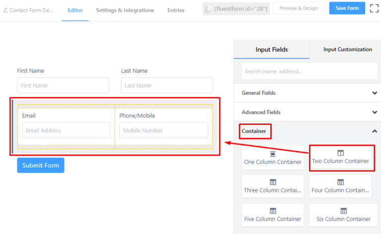 Multiple Column Containers in WP Fluent Form WordPress Plugin