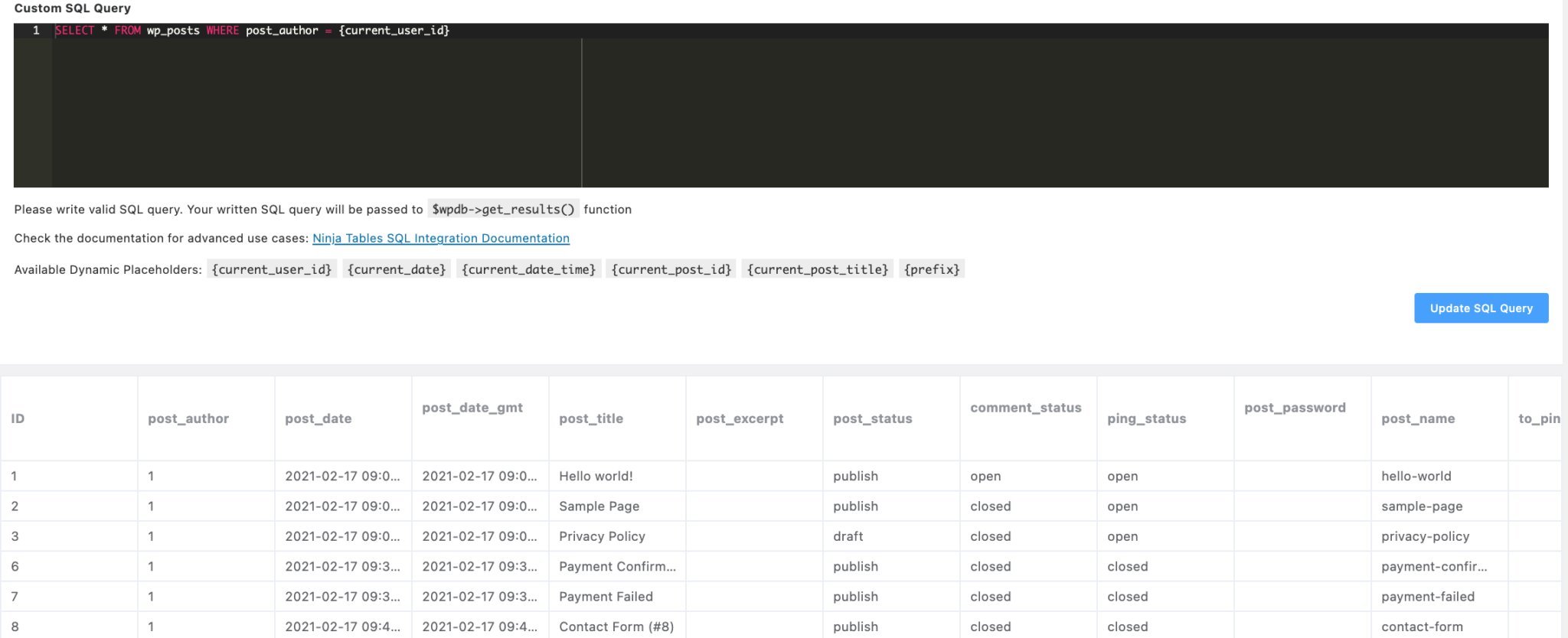 Construct Table from Custom SQL - WP Manage Ninja