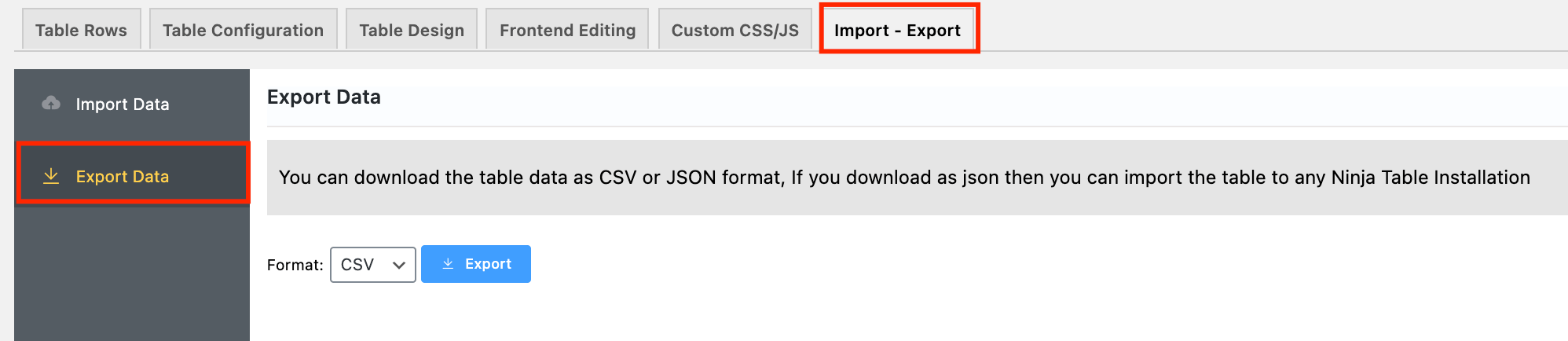 Export Data from external sources using Ninja Tables
