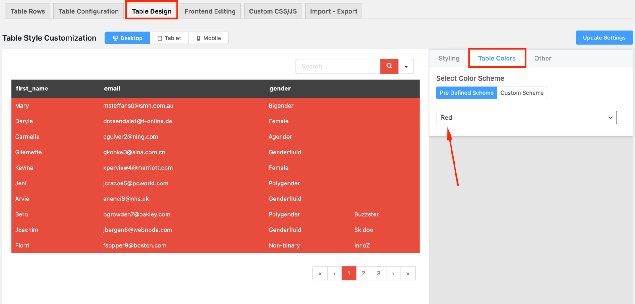 Table color customization using Ninja Tables plugin