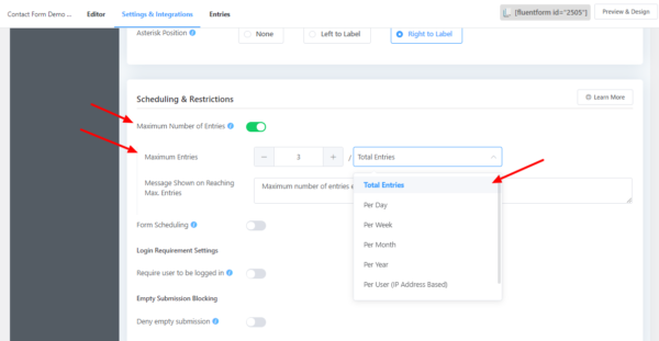 Form Restrictions Feature in WP Fluent Form WordPress Plugin