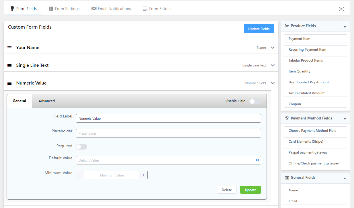 General Form Input Fields - WPPayForm - WP Manage Ninja
