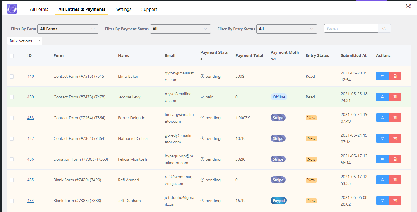 View and Manage all Form Entries in WPPayForm - WP Manage Ninja