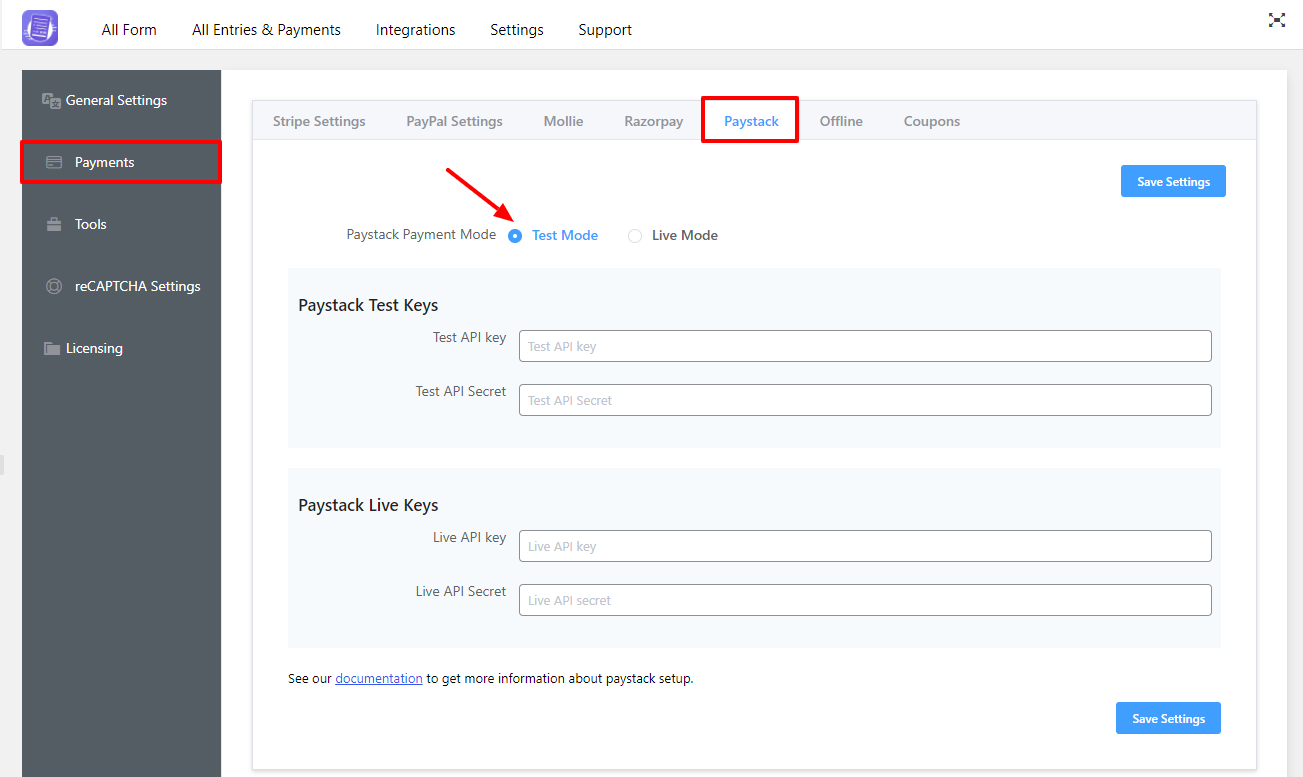 Paystack Settings - WP Manage Ninja