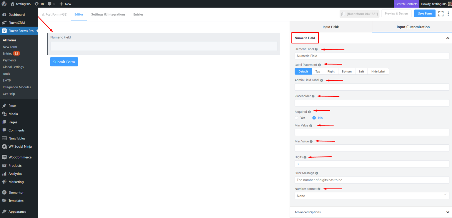 Numeric Input Field in WP Fluent Form WordPress Plugin