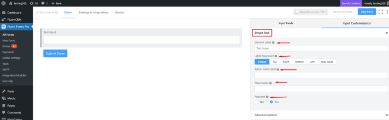 Simple Text Input Field in WP Fluent Form WordPress Plugin
