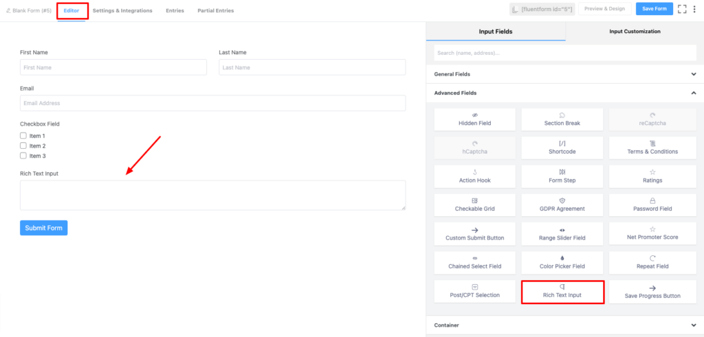 Rich Text Input Field in Fluent Forms - WP Manage Ninja