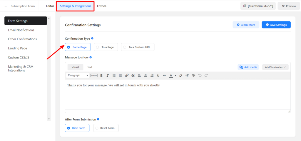 Set up Form Submission Confirmation Message in WP Fluent Form