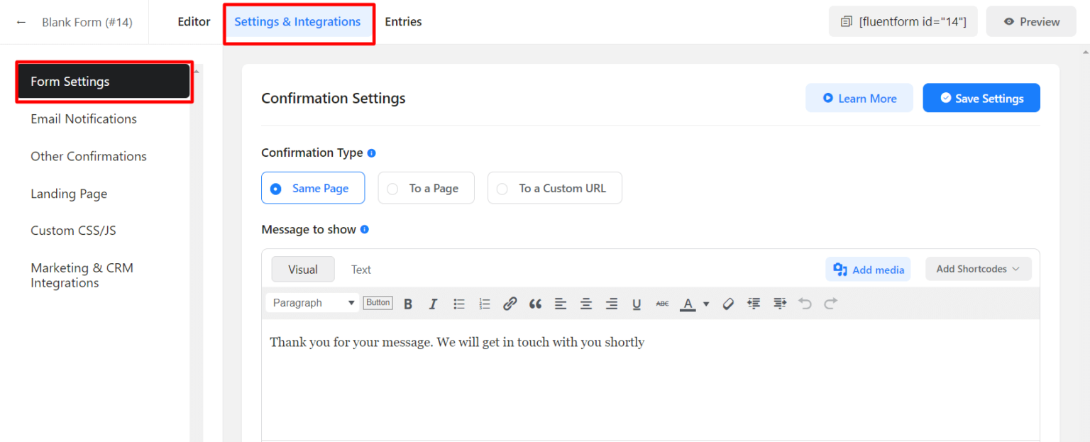 Form Layout Settings in WP Fluent Form WordPress Plugin