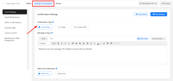 Set up Form Submission Confirmation Message in WP Fluent Form