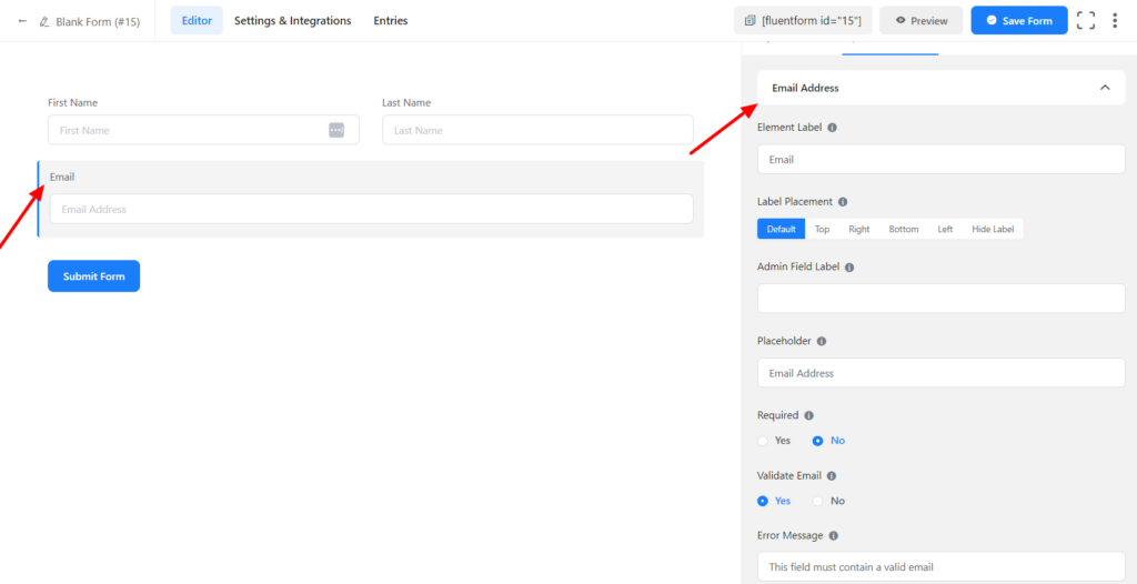 Email Address Input Field in WP Fluent Form WordPress Plugin