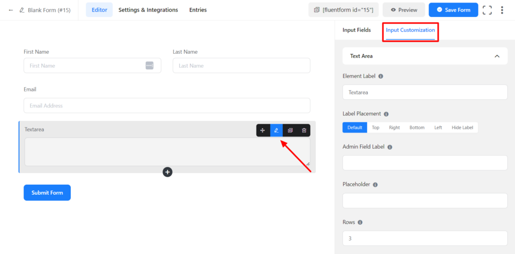 Text Area Input Field in WP Fluent Form WordPress Plugin