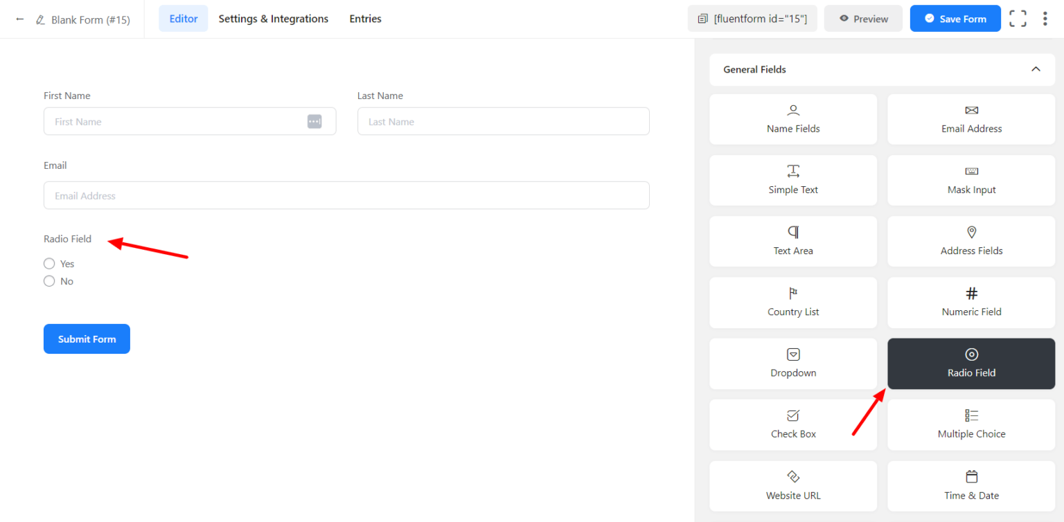 Radio Button in WP Fluent Form WordPress Plugin