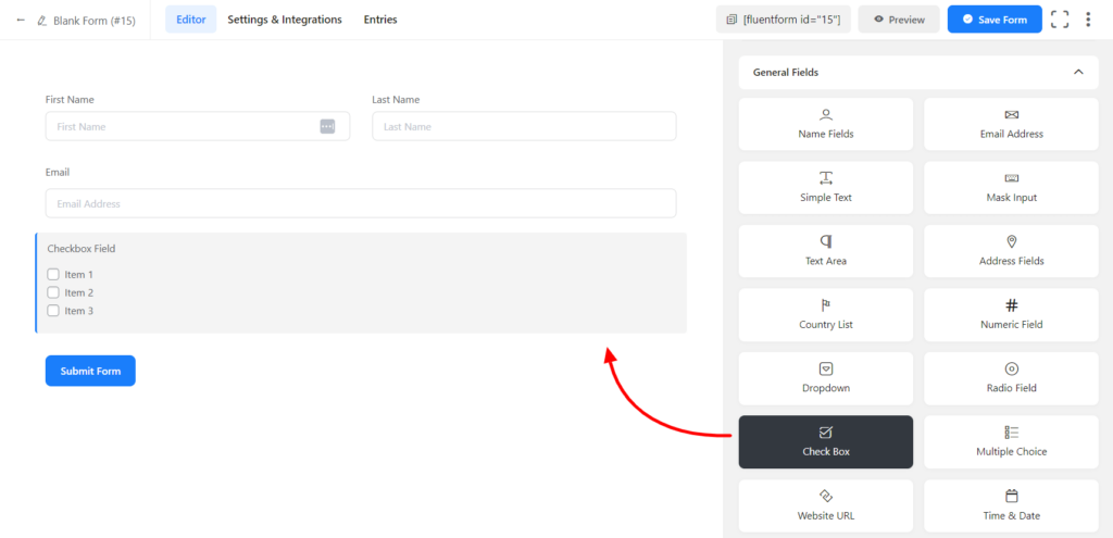 Check Box Field in WP Fluent Form WordPress Plugin