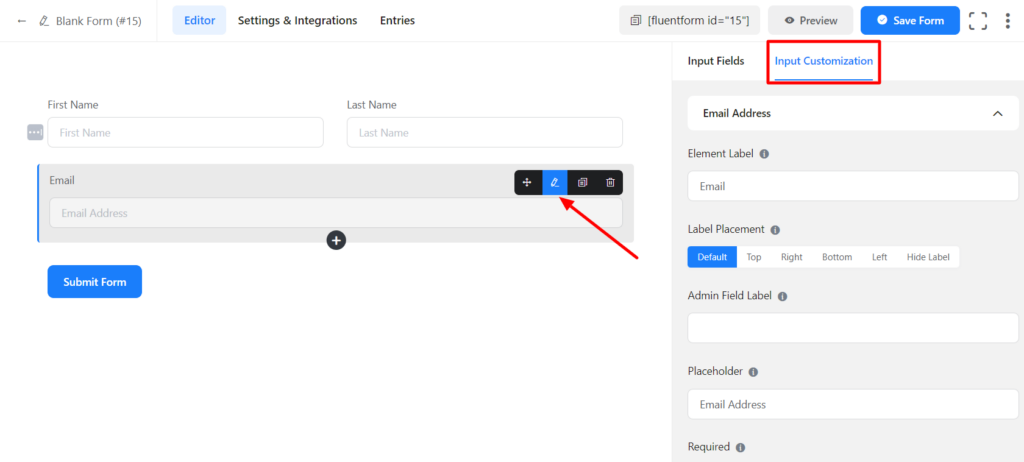 Email Address Input Field in WP Fluent Form WordPress Plugin
