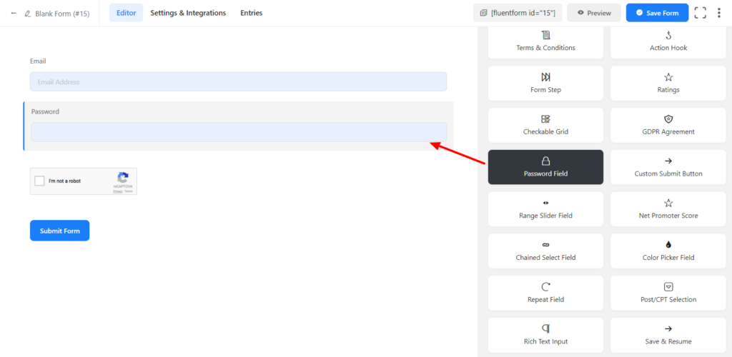 Password Input Field in WP Fluent Form WordPress Plugin