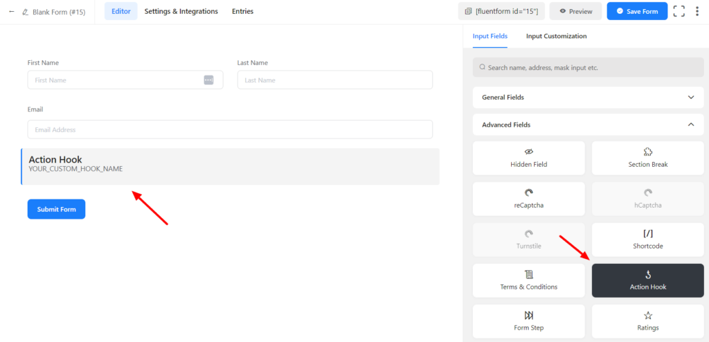 Action Hook Field in WP Fluent Form WordPress Plugin