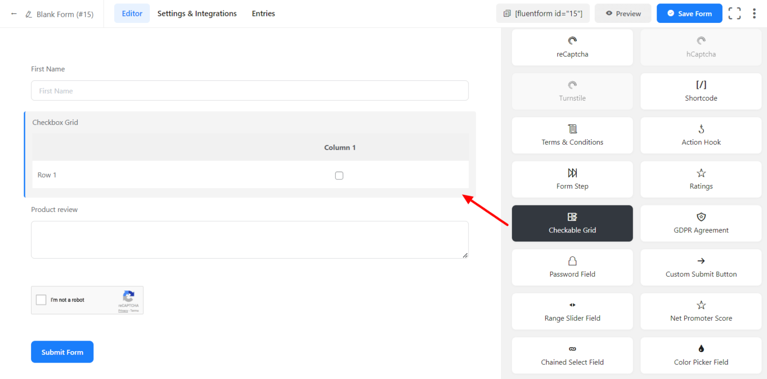 Checkable Grid Input Field in WP Fluent Form WordPress Plugin
