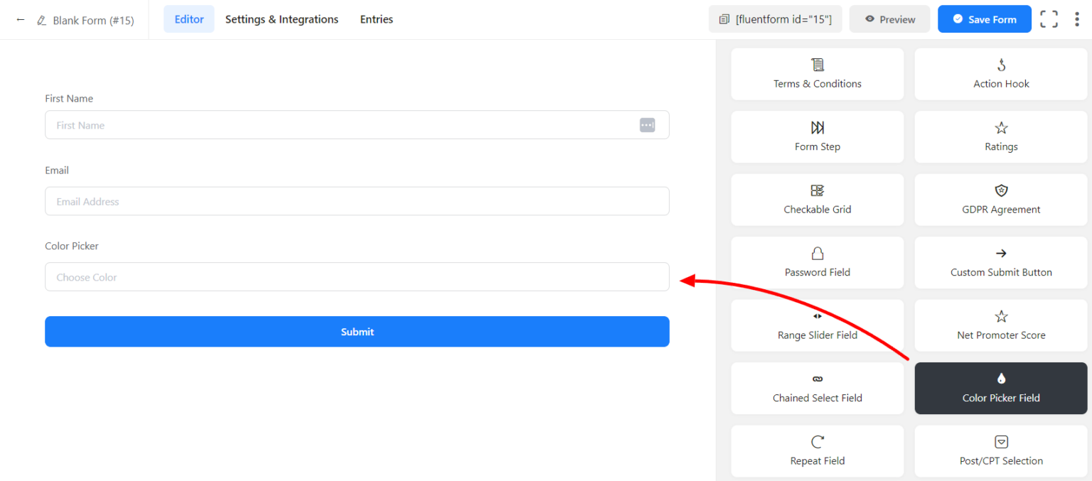 Color Picker Field in Fluent Forms - WP Manage Ninja
