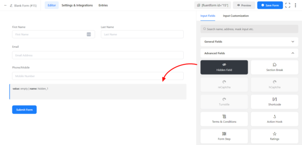 Hidden Input Field in WP Fluent Form WordPress Plugin