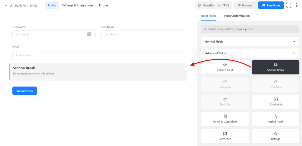 Section Break in WP Fluent Form WordPress Plugin