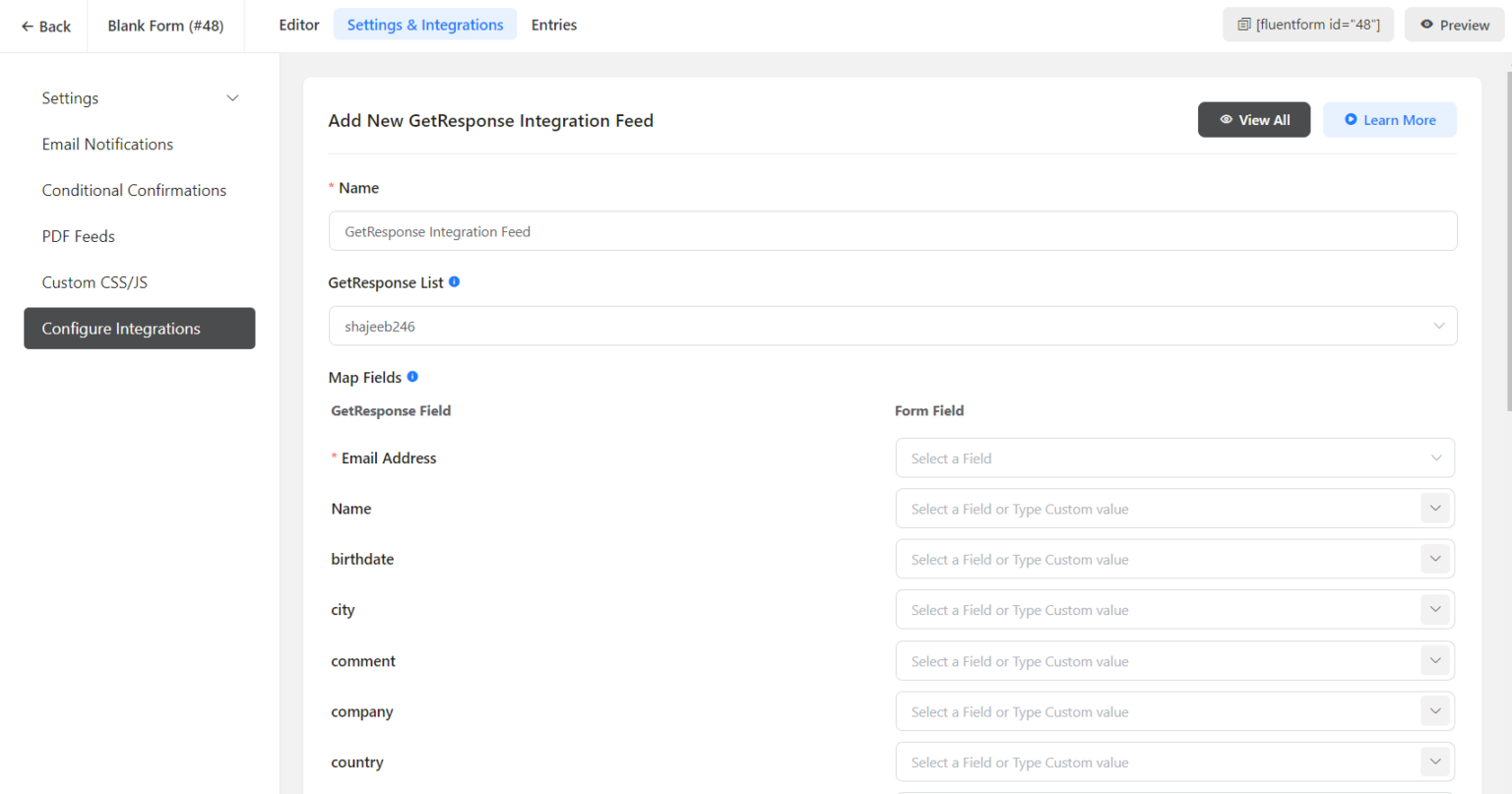GetResponse integration with WP Fluent Form