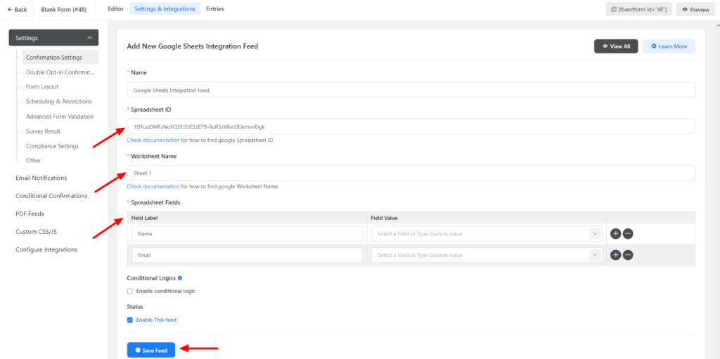 Google Sheets Integration with Fluent Forms - WP Manage Ninja