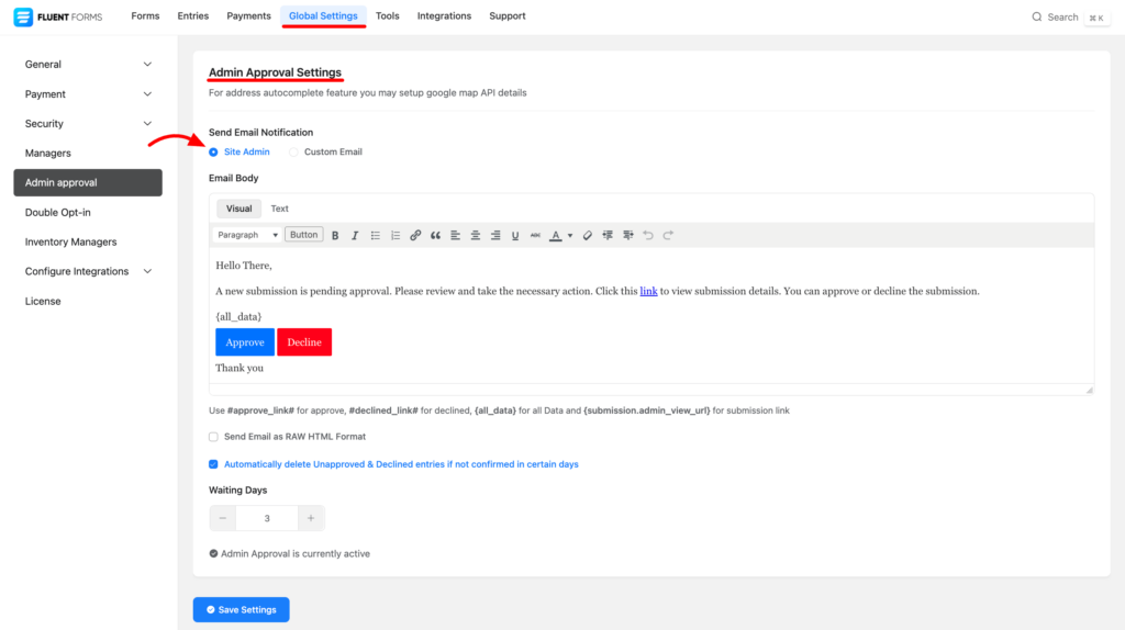 Admin Approval Feature in Fluent Forms - WP Manage Ninja
