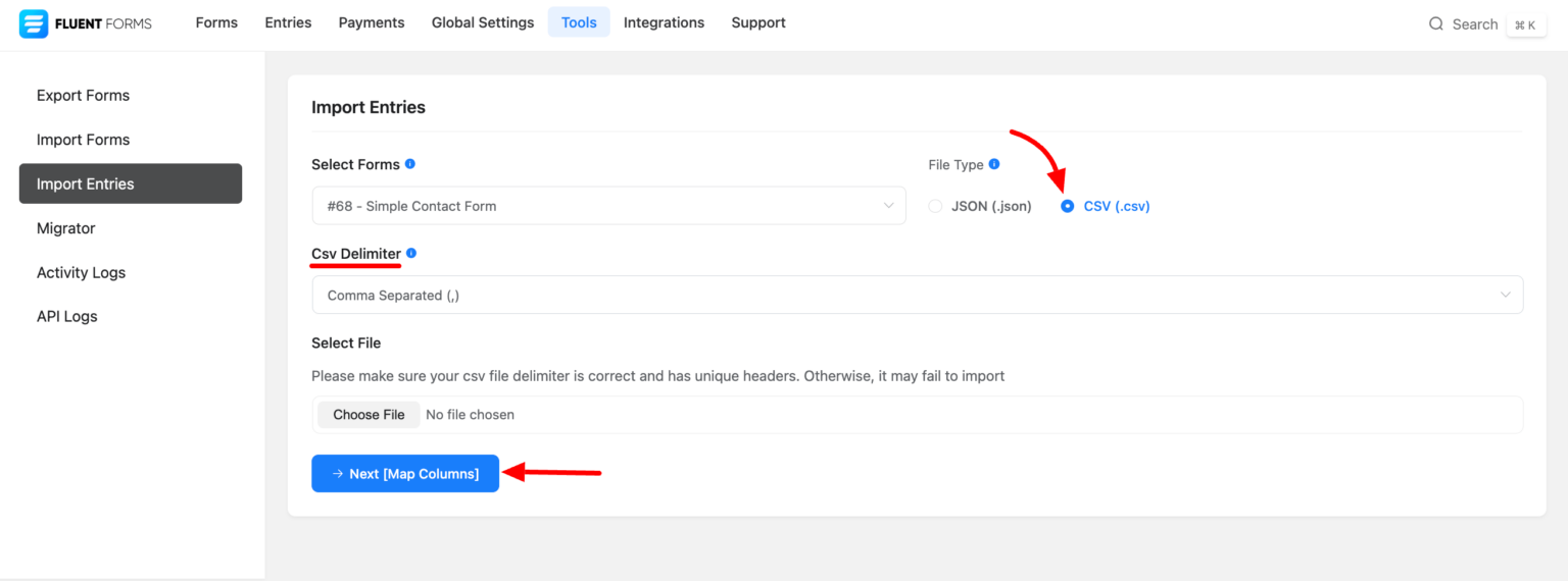 Importing Entries in Fluent Forms - WP Manage Ninja