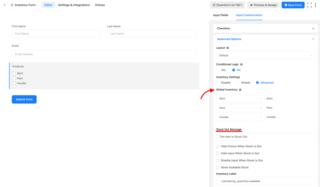 Global Inventory Manager in Fluent Forms - WP Manage Ninja