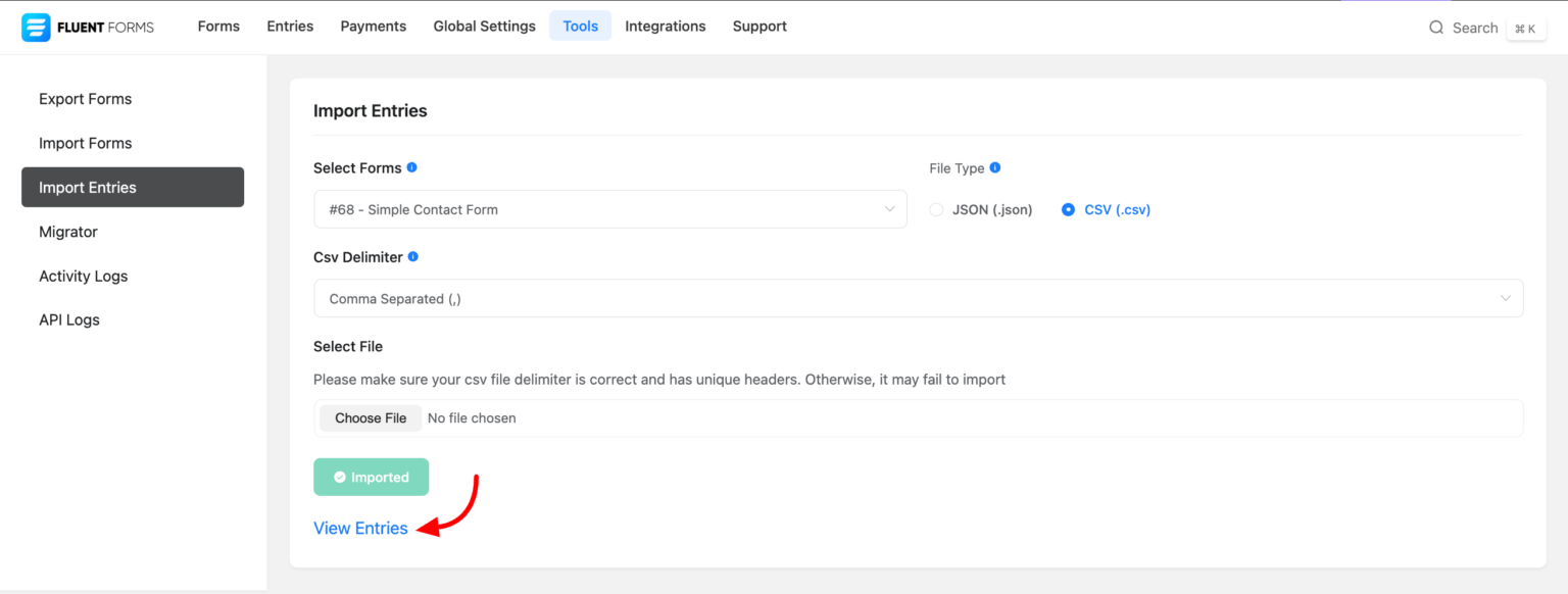 Importing Entries in Fluent Forms - WP Manage Ninja