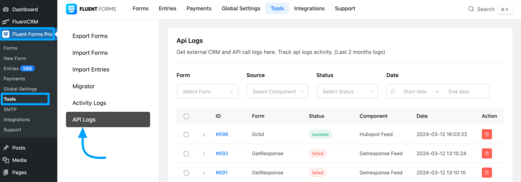 Fluent Forms API Logs - WP Manage Ninja